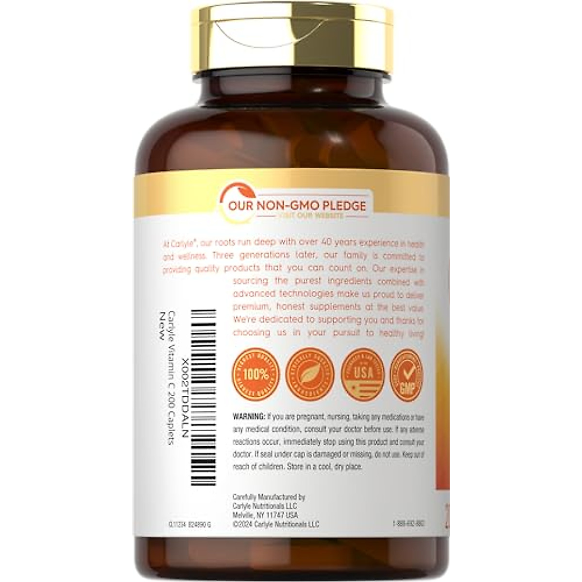 Carlyle Vitamin C with Rose Hips 500mg | 200 Caplets | High Potency Formula | Vegetarian, Non-GMO and Gluten Free Supplement