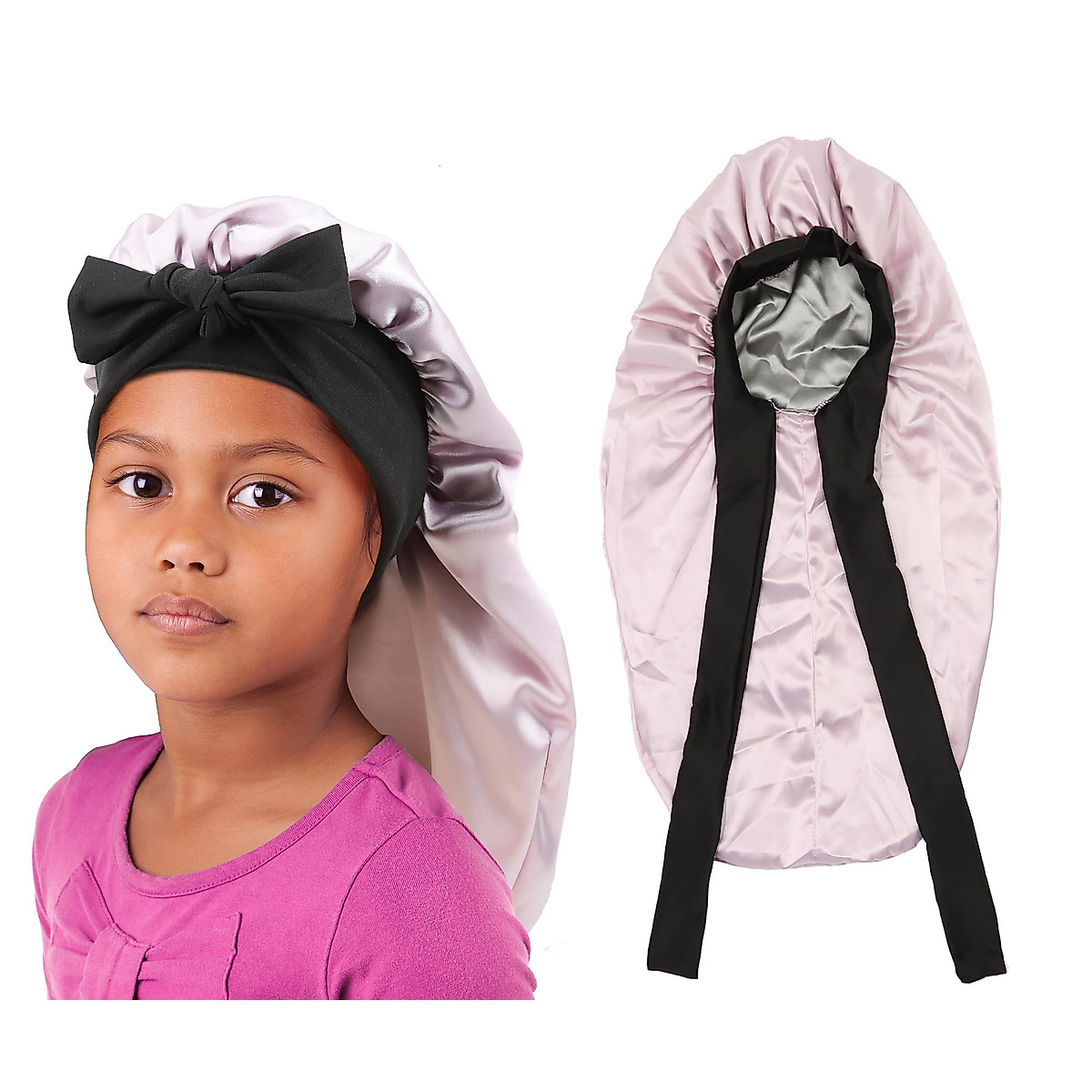 brcok Kids Braid Long Bonnet Girls Satin Bonnet Sleeping Cap Double Layer with tie Band Silk Hair Bonnet for Toddler Child (Kids Long Pink)