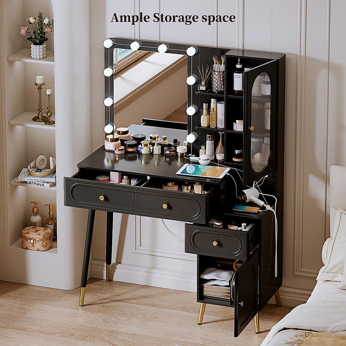 YYJ Vanity Desk with Mirror and Lights,Modern High Capacity Makeup Vanity with 3 Drawers,Makeup Table with Power Outlet and 10 Lights,Writing Desk for Bedroom,Makeup Room, Black