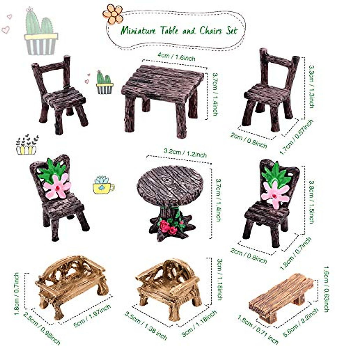 9 Pieces Miniature Table and Chairs Set Fairy Garden Furniture Ornaments Mini Decorative Resin Floral Table Chair Micro Landscape Decoration for Landscape Garden Decoration Accessories Supplies