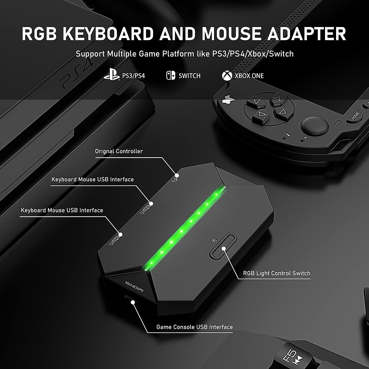 4 in 1 Wireless Gaming Keyboard Mouse and Converter with RGB Backlit Mini 61Key Ergonomic Honeycomb Shell 2.4Ghz USB Receiver Bluetooth Wired Adapter for PS4 PS3 Xbox Switch PC Mac Gamer Typist(White)