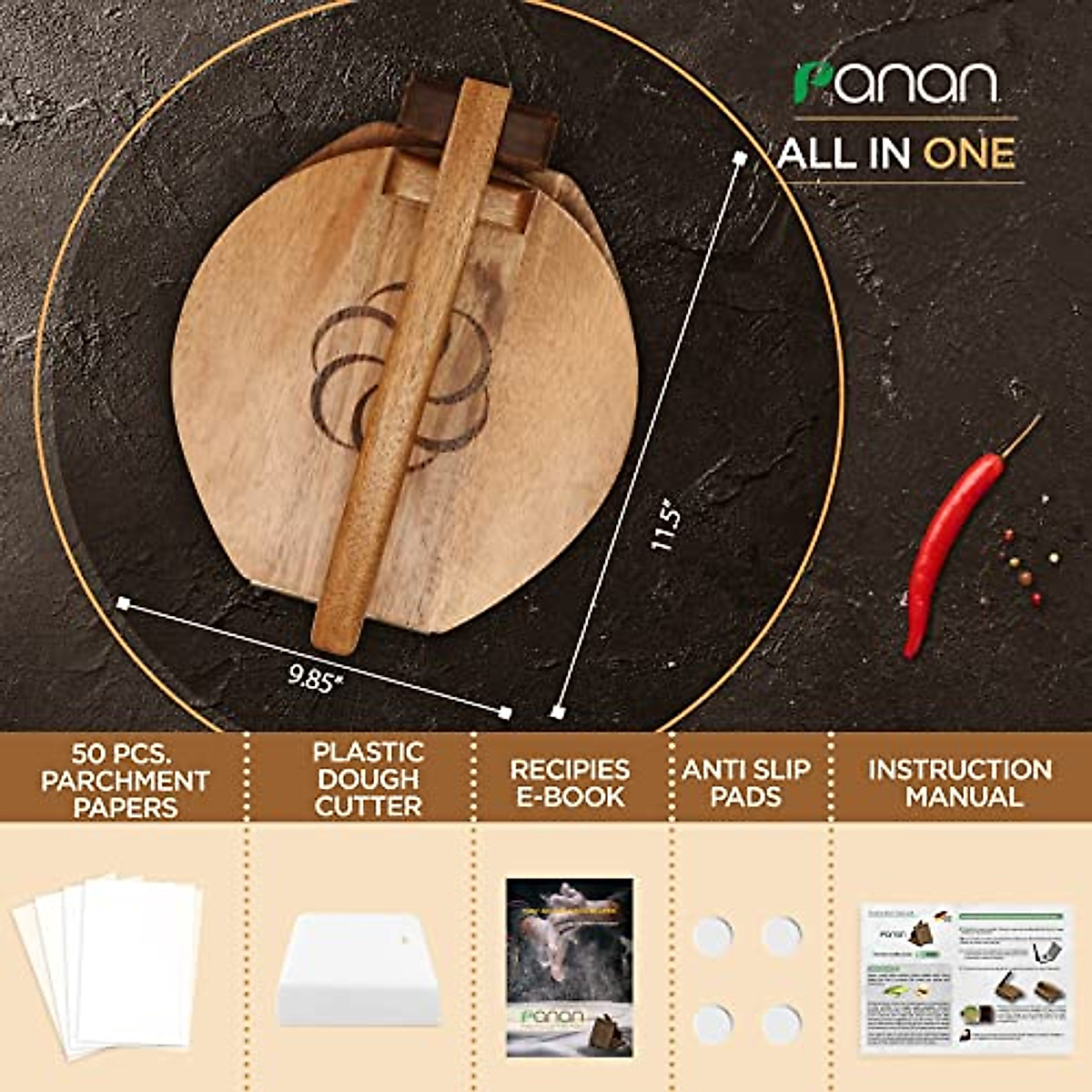 panan Wooden Tortilla Press Mexican Tortillera Presser Made from Natural Food-Grade Acacia Wood - Large Wood Pataconera with 50 Pieces Parchment Paper, Dough Cutter and Recipes eBook (Round 10")