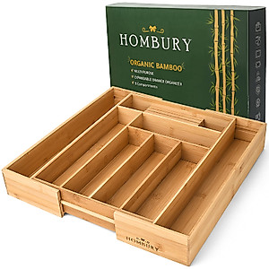 Hombury Bamboo Expandable Kitchen Drawer Organizer, Adjustable Silverware Organizer, Cutlery Tray, Utensil Organizer for kitchen Drawers with Knife Holder, 8 Compartment Drawer Organizer Kitchen