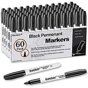 Keebor Advanced Permanent Markers Fine Tip, 60 Pack Black Permanent Marker Set, Waterproof - Quick Drying, Office Supplies