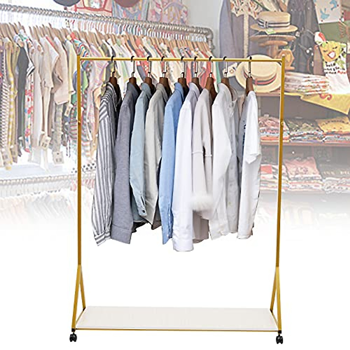 Metal Gold Clothing Rack with Shelves and Universal Wheel,Freestanding Clothing Rack for Hanging Clothes Rack,Heavy Duty Rolling Garment Rack Retail Display for Wedding Dress Bridal Garment Rack Stand
