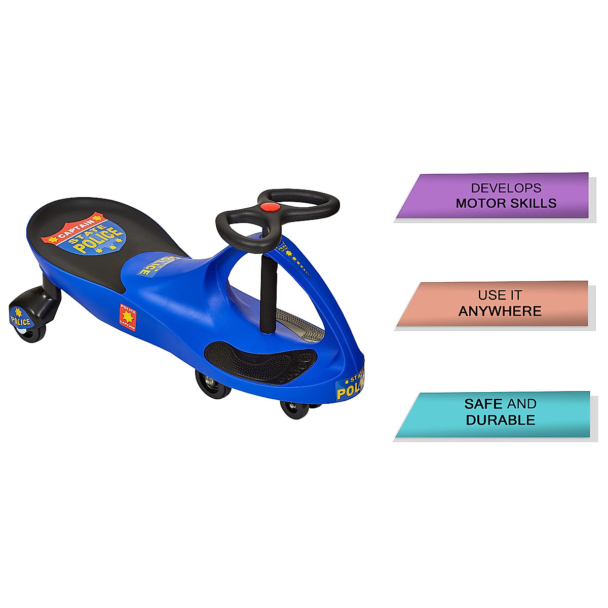 Police Wiggle Car Ride On Toy – No Batteries, Gears or Pedals – Twist, Swivel, Go – Outdoor Ride Ons for Kids 3 Years and Up by Lil’ Rider (Blue)
