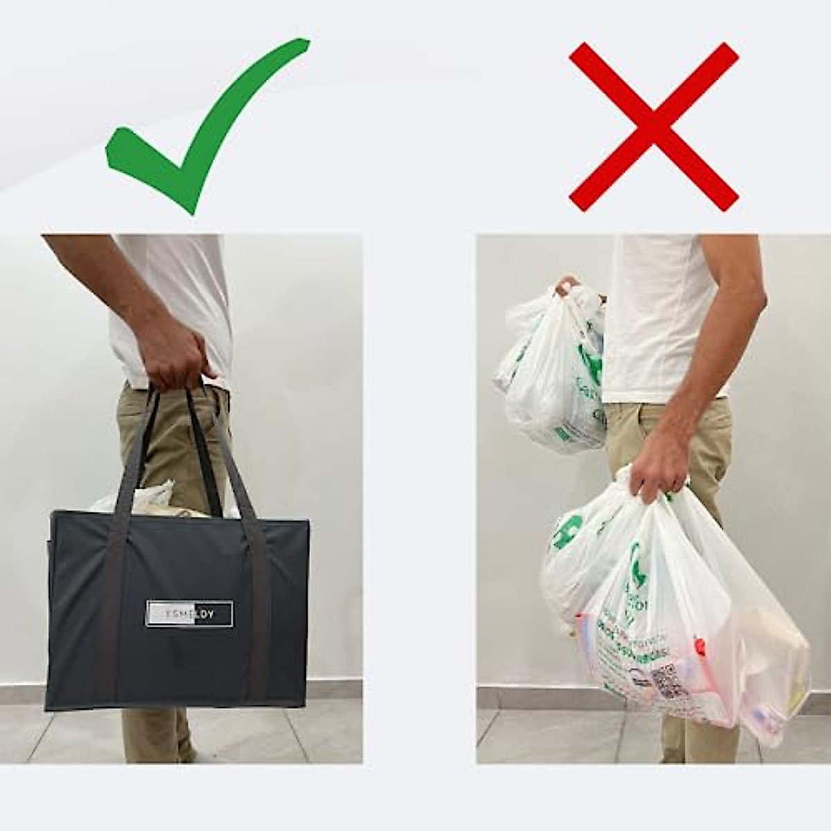 ESMELDY - PRO Reusable Grocery Bags - Reusable Shopping bags for groceries (Kit of 3) grocery tote Bags with Long Handles, Reinforced Bottom and separator, Foldable shopping bag