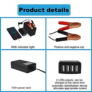 DC Converter with Battery Clip 12V 24V to 5V 8A USB Power Adapter Buck Regulator Charger, 4 Ports Automatically Identify shunt Charging, Suitable for iPhone Android Samsung Galaxy S10 s9 Plus