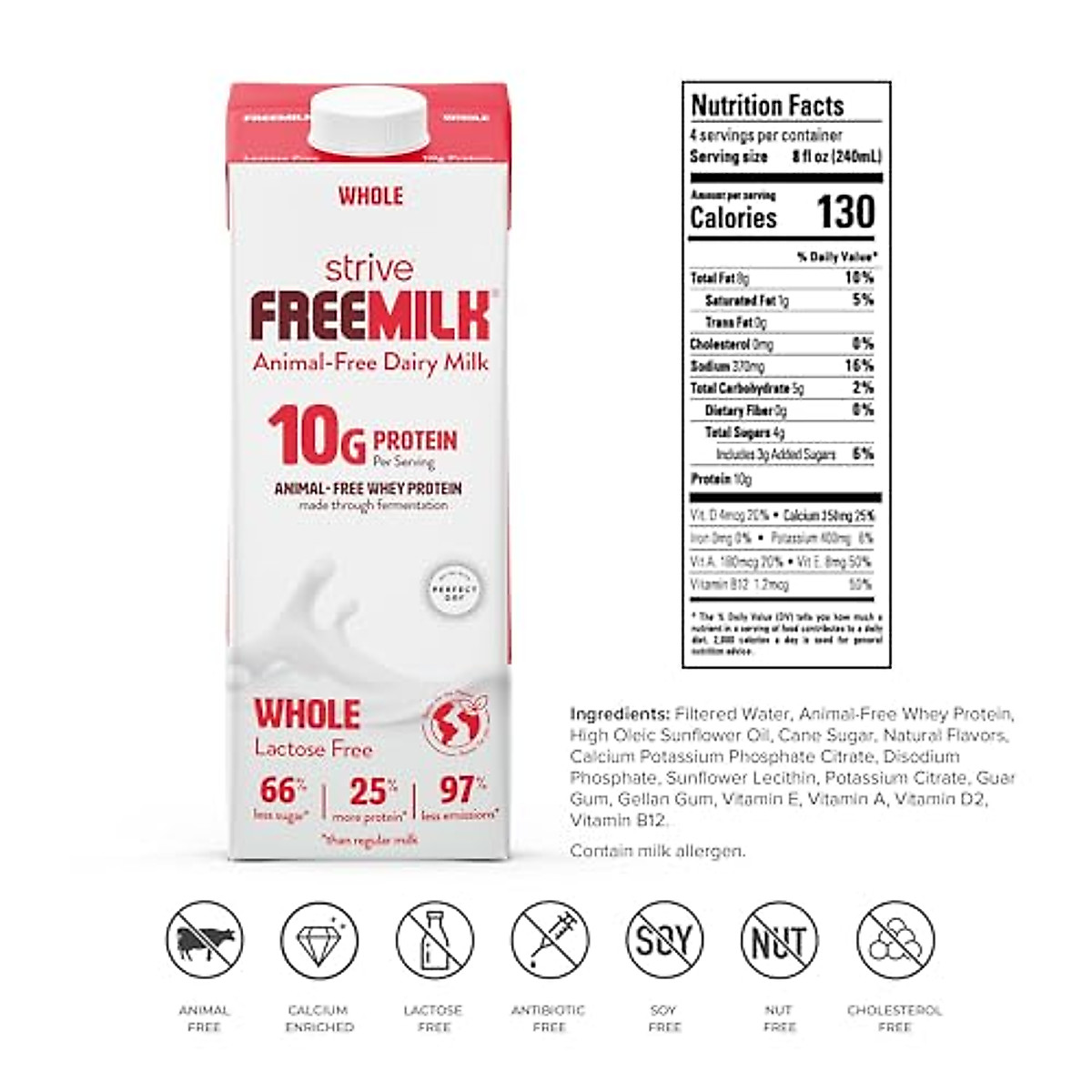 Strive FREEMILK, Animal-Free Dairy Milk, 32 oz Carton (Pack of 6), Lactose Free, 10g Protein per Serving, Alt Milk, Shelf Stable, Precision Fermentation, Perfect Day