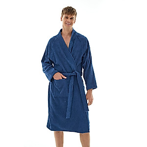 Ghui Terry Bathrobe Men,100% Cotton Terry Cloth Robes with Kimono Collar ,Thick Plush Towel Robe, Navy, XX-Large-3X-Large