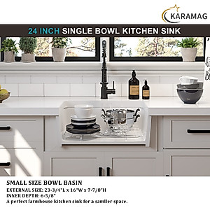 KARAMAG 24 Inch Farmhouse Kitchen Sink with Bottom Grid and Strainer, White Single Bowl Kitchen Sink Apron Front Ceramic Farm Sinks for Kitchens