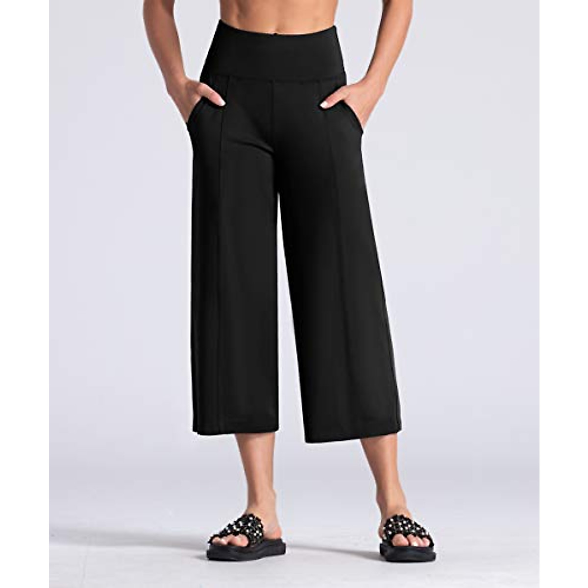 THE GYM PEOPLE Bootleg Yoga Capris Pants for Women Tummy Control High Waist Workout Flare Crop Pants with Pockets (Large, Black)