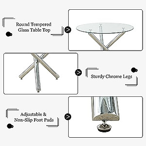 HAIZAO Dining Table Set for 2, Modern Round Tempered Glass Top Table and PU Leather Chairs for Dining Room, Small Living Room, Kitchen, Plain Back, Black with Silver Base