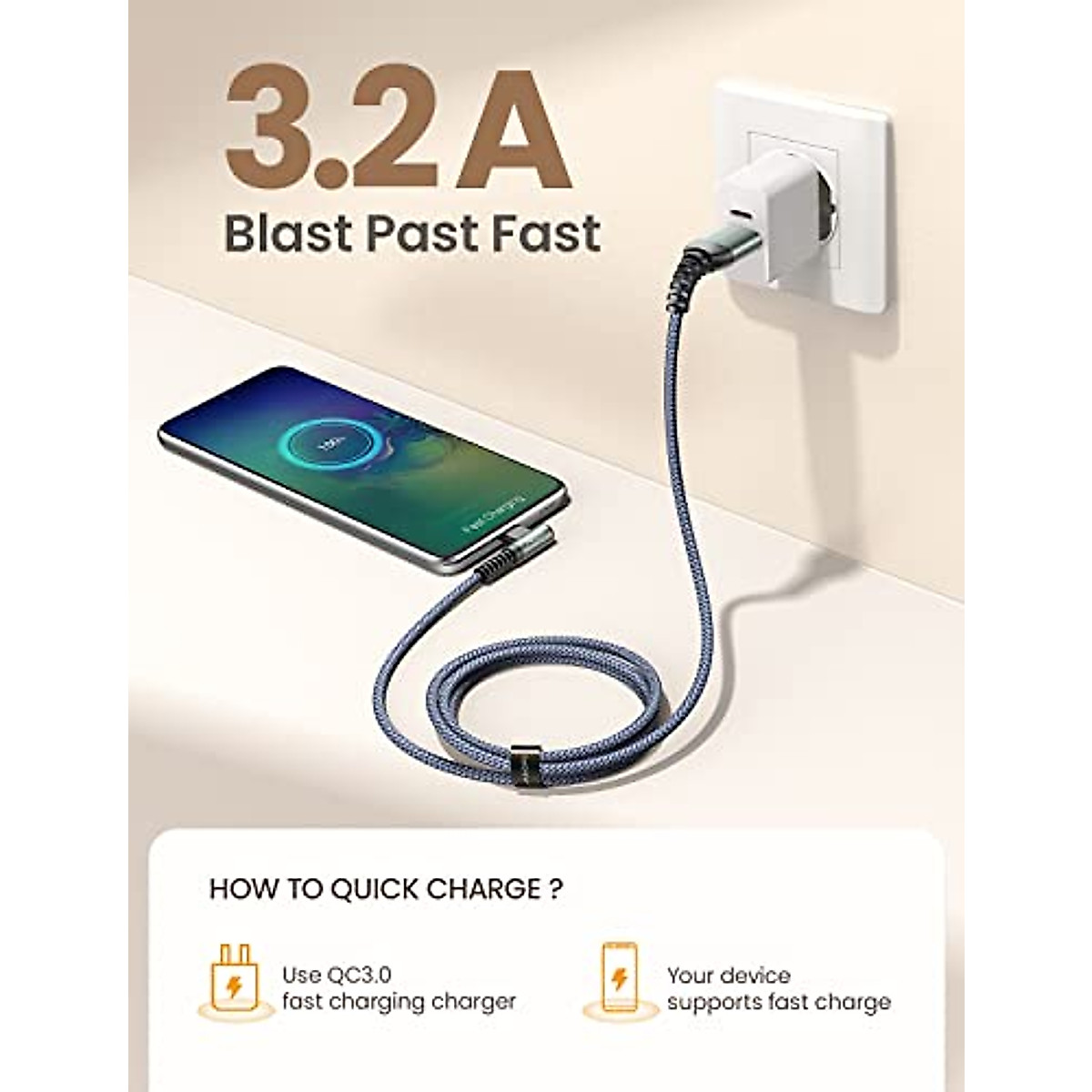 AINOPE USB C Cable 4-Pack [10/6.6/3.3/3.3ft] 3.2A Type C Charger Fast Charging Right Angle, USB C Charger Nylon Braided Compatible with Galaxy S10 S9 S8 Plus S21, Note 10 9 8, LG, Type C Cable