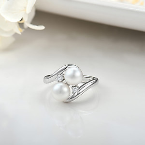 JO WISDOM Pearl Ring,925 Sterling Silver Cubic Zirconia Women's Rings with Two Pearls 7mm White Freshwater Cultured Pearl Ring size 7