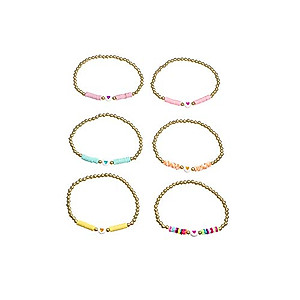 COLORFUL BLING 6Pcs/Pack Gold Beaded Bracelet Rainbow Vinyl Disc Ball Srting Stretch Heart Shaped Bracelets Cuff Bangle Set for Women Jewelry-6pcs