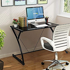 Tangkula Computer Desk Writing Table with Glass Top, Z-Shape Iron Frame Study Writing Desk with Adjustable Feet, Simple Laptop Desk Home Office Desk Computer Workstation