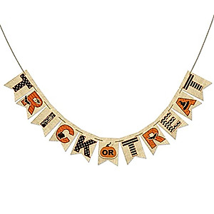 AVOIN Trick or Treat Banner No DIY Required Chevron Polka Dot Spider Web Bat Pumpkin Witch Hat, Rustic Pennant Decoration for Halloween Party Doorway Mantels Wall