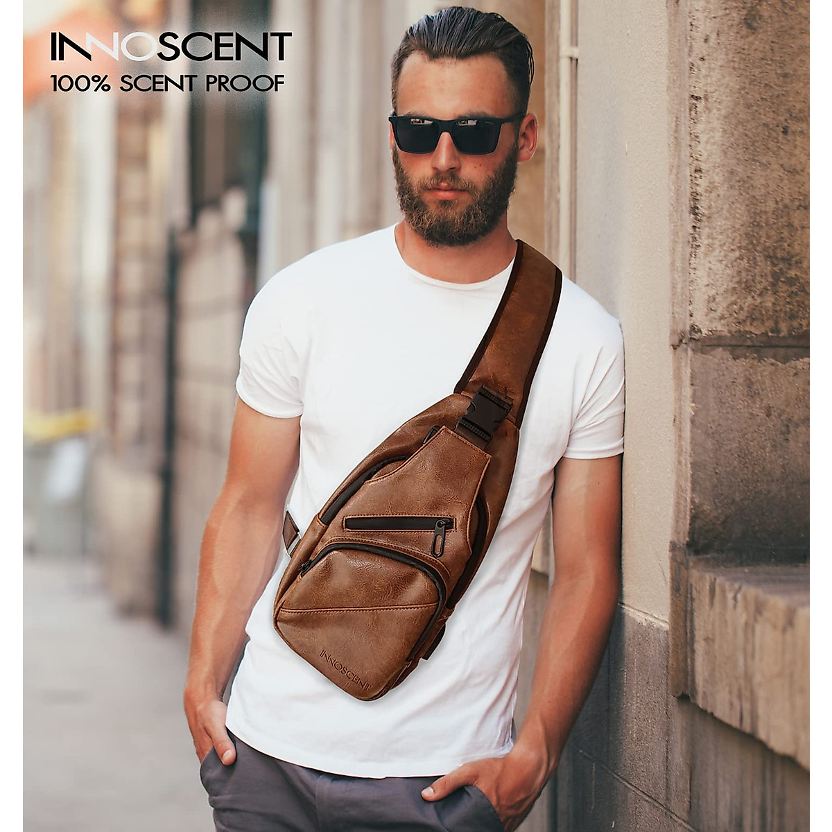 INNOSCENT SMELL PROOF Sling Bag Backpack -COMBINATION LOCK- Lightweight Waterproof Shoulder Crossbody Bag with USB/Headphone Charging Port Brown Leather.