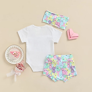 Guodeunh Newborn Baby Girl Easter Outfits Infant Letter Romper 3D Pompom Bunny Tail Shorts Headband 3PCS Rabbit Clothes (Purple- A, 3-6 Months)