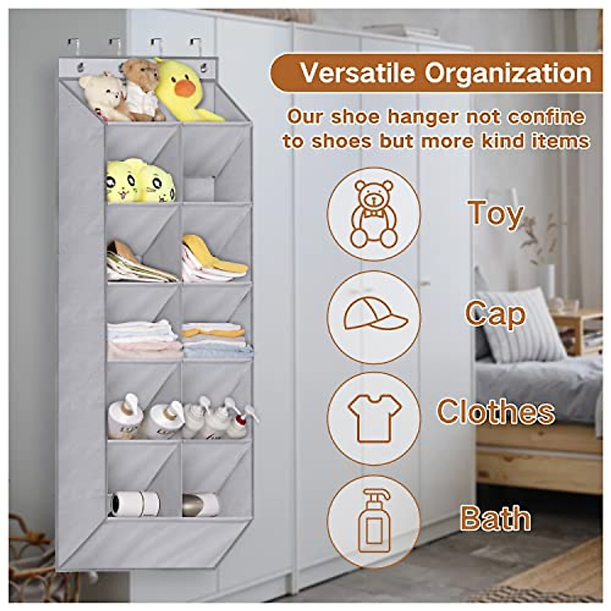 SLEEPING LAMB Hanging Shoe Organizer for Closet, Over The Door Shoe Rack Fit Narrow Door for 12 Pairs Sneakers, Boots, Grey