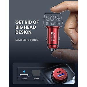 AINOPE USB C Car Charger 67.5W, Red Car Accessories Car Charger USB C for iPhone, Super Mini All Metal Fast Charging Car Charger PD&QC 3.0 Dual Port Car Adapter Fits iPhone 15 Pro Max 14 13 12 11, Red