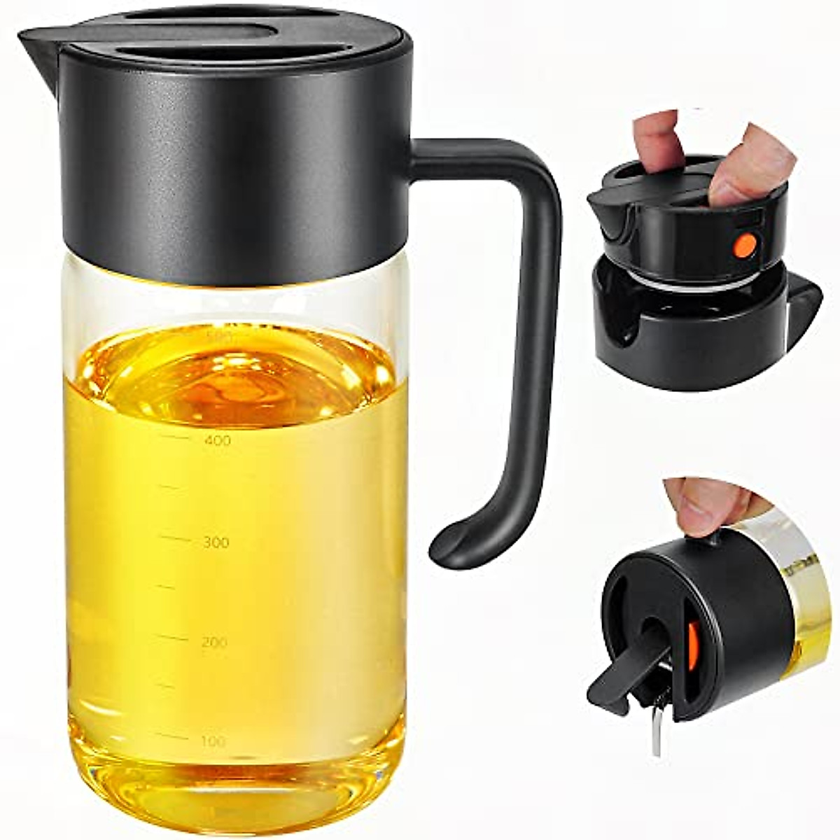 TrendPlain Olive Oil and Vinegar Dispenser Bottle for Kitchen - One Pinch Open & Auto Flip Cap Oil Dispenser with Measurements - Olive Oil Bottle with Non-Drip Spout (500ml/17oz) Black