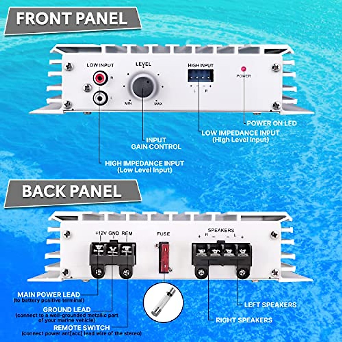 Pyle Hydra Marine Amplifier - Upgraded Elite Series 240 Watt 4 Channel Audio Amplifier - Waterproof, 4-8 Ohm Impendance, GAIN Level Controls, RCA Stereo Input & LED Indicator (PLMRA120)
