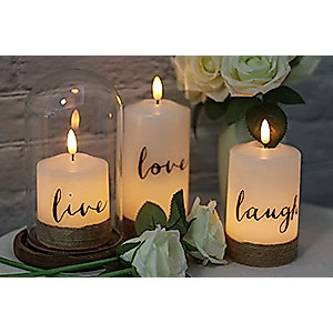 GenSwin Flameless LED Candles with Hemp Rope & Remote Timer, Real Wax Battery Operated Pillar Candles Live Laugh Love, Realistic 3D Wick Flickering Gift (D3 x H4.7 5.7" 6.7", Pack of 3)