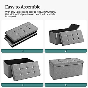 SONGMICS 30 Inches Folding Storage Ottoman Bench, Storage Chest, Foot Rest Stool, Light Gray ULSF47G, 15 x 30 x 15 Inches