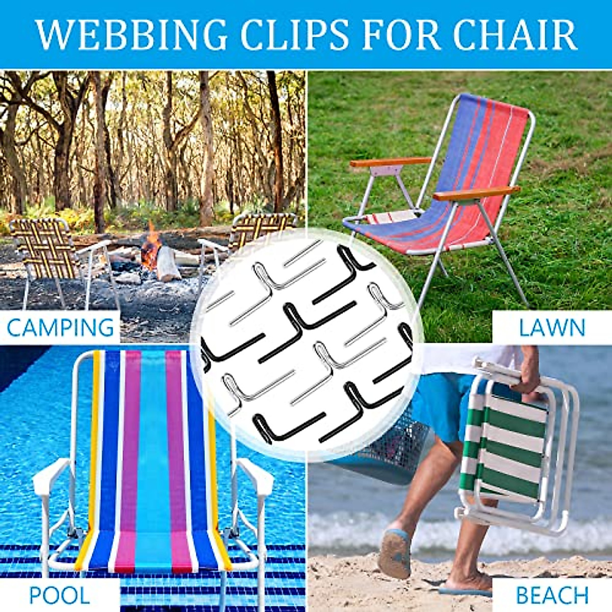 120 pcs Webbing Clips Lawn Chair Webbing Silver Black Lawn Chair Webbing Clips Patio Chair Webbing Replacement for Chair Frame Rubber Webbing Repair for Sofa Chair Furniture