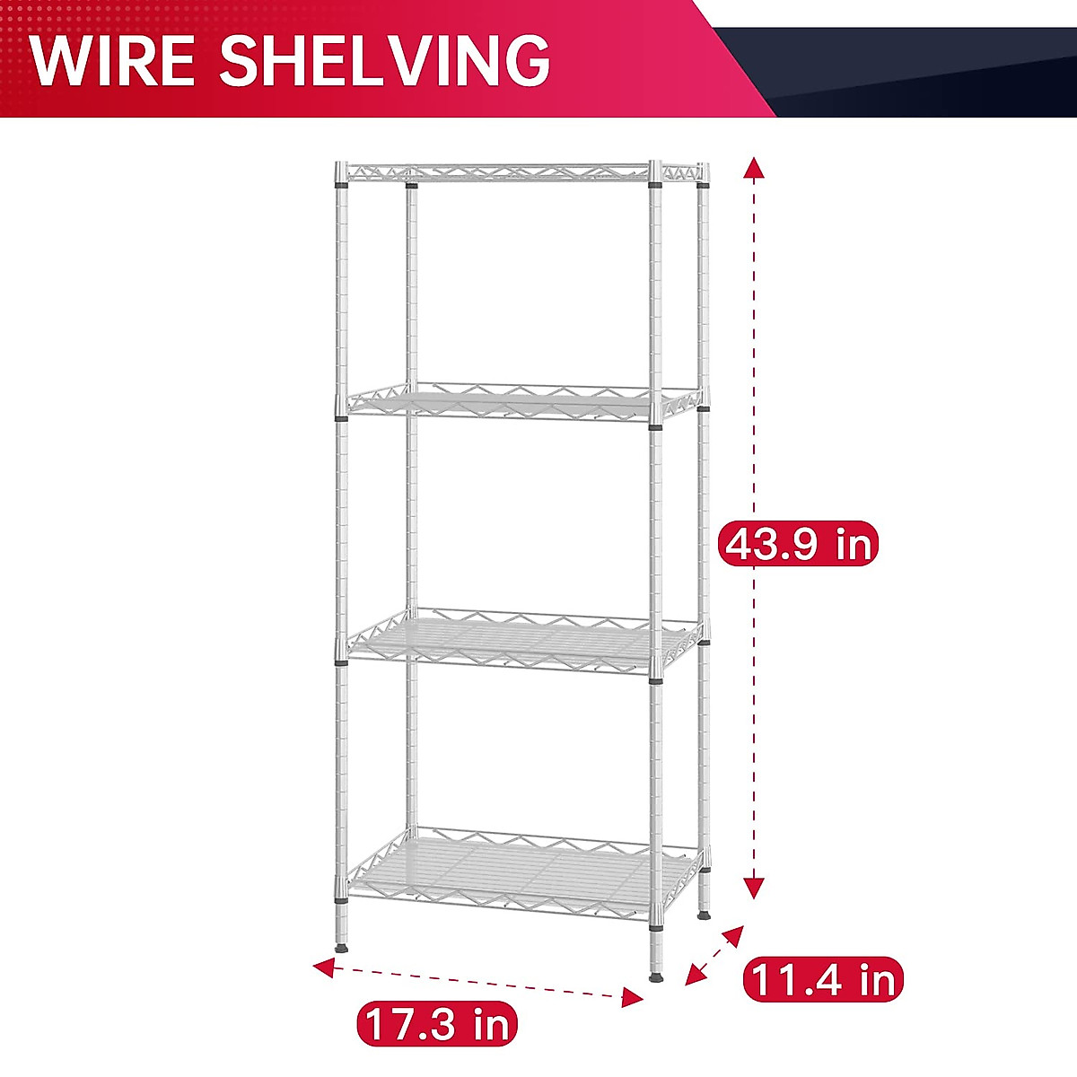 BestOffice 4-Shelf Adjustable Storage Shelving Unit Metal Rack Wire Shelf 600Lbs Capacity with 4 PP Sheets 18L x 12W x 44H for Laundry Bathroom Kitchen Garage,Chrome