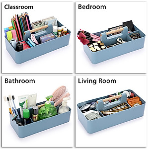 BTSKY Stackable Plastic Portable Storage Organizer Utility Caddy Tote,Divided Craft Storage Organizer Basket Bin with Wooden Handle for Craft, Sewing, Art Supplies, Office Supplies, Blue