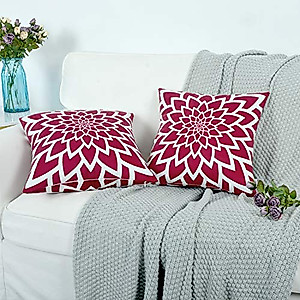TEAGAN Throw Pillow Covers, 2PCS Cushion Covers with Flower Print, Throw Pillow Covers for Home Decorative Bedroom Living Room, Home Garden Couch Bed Sofa Chair, 20X20 Inch, Deep Red