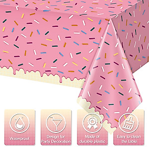 3Pcs Sprinkle Donut Tablecloth, Pink Ice Cream Table Cloth Disposable Plastic Rectangle Table Covers for Baby Girl Sweet One Birthday Donut Grow Up Donut Themed Party Decorations, 54 X 108 Inch