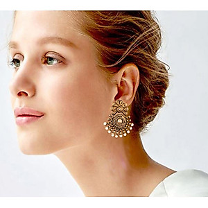 Touchstone Indian bollywood ancient southern gold jewelry inspired bridal jewelry earrings with faux pearls for women in antique tone and oxidized.