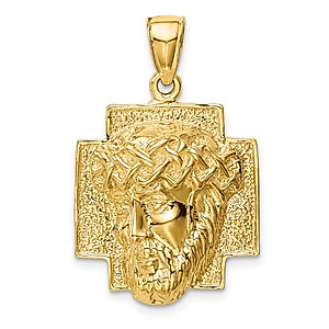 Solid 14k Yellow Gold 2-D Large Jesus Head with Crown Emperor Royal King Queen Pendant Charm