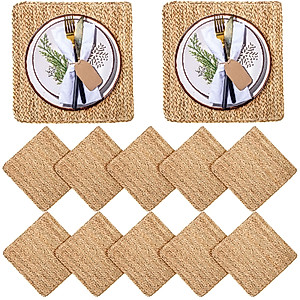 Jinei 12 Pcs Jute Braided Placemats Square Jute Placemats Rattan Straw Woven Placemats 14x14 Inch Water Hyacinth Woven Placemats Boho Table Mats for Home Holiday Party Farmhouse Dining Table