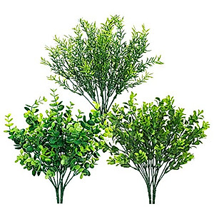 6 Bundles Artificial Greenery Stems Mixed Fake Plants Eucalyptus Rosemary Magnolia Stems Faux Plastic Artificial Plants for Outdoor Indoor Garden Home Window Box Decor