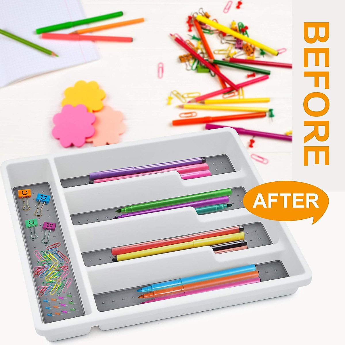 E-far Silverware Tray for Drawer, Small Plastic Utensil Tray Drawer Organizer, 5 Compartment Flatware Cutlery Holder/Divider, White with Gray Non-slip Rubber Grips, 12.6 x 11.4-Inch