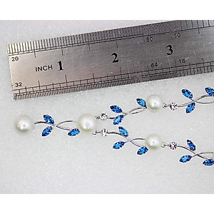 Faship Gorgeous Blue CZ Crystal Genuine Freshwater Pearls Floral Necklace Earrings Set - Blue
