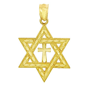 10k Gold Jewish Charm Center Cross Star of David Pendant