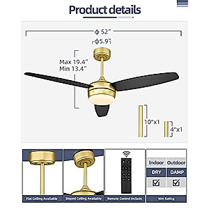 YOUKAIN Modern Ceiling Fan, 52 Inch Gold Ceiling Fan with Light and Remote Control, LED Ceiling Fan with 3 Matte Black Blades for Living Room, Bedroom, Bathroom, 52-YJ273-BK