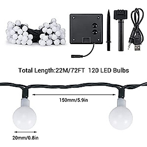OxyLED Solar String Lights Outdoor Garden Waterproof, 120 LED 66 Ft Globe String Lights Bedroom Indoor Decorative 8 Modes Fairy Lights USB Rechargeable for Patio Backyard Party Wedding Warm White