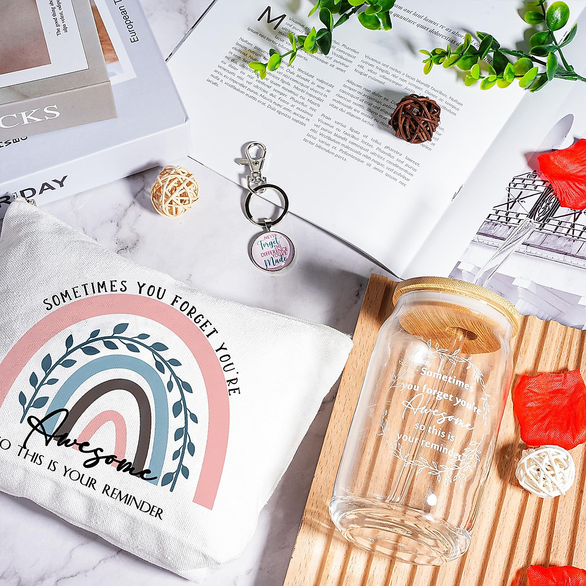 Yaomiao 3 Pcs Christmas Employee Appreciation Gift for Women Thank You 16 oz Glass Cup Makeup Bag Keychain for Teacher(Awesome)