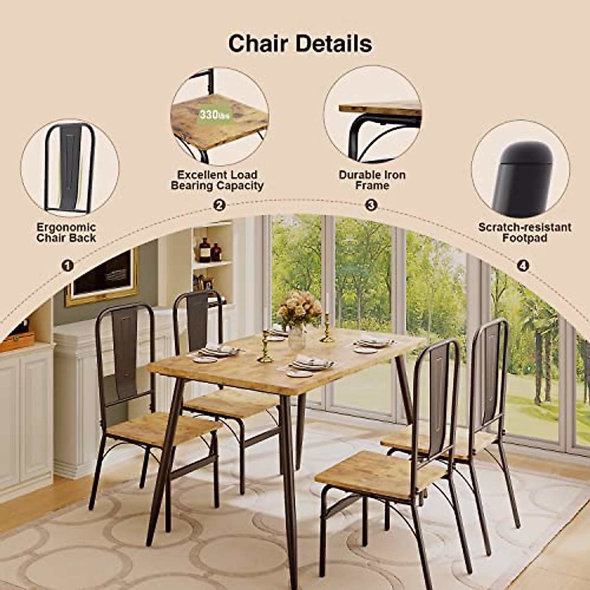 Gizoon 5-Piece Kitchen Table and Chairs for 4 with 1.2" Thick Board, 46" Home Dining Table Set for 4 for Small Space, Apt, Heavy-Duty, Retro