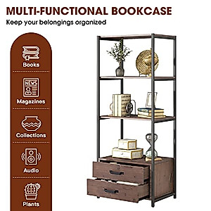 Industrial Wood Bookcase with Two Drawers, Book Storage Rack with Open Display Shelves 4-Tier Open Etagere Bookcase with Adjustable Foot Pads for Living Room, Bedroom, Office, Brown