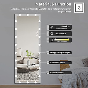 ANYHI Mirror with Lights Full Length, 62.6'' x 23.3'' LED Full Body Floor Dressing Mirror with 22 Dimmable Bulbs, Dimmable, 3 Color Lighting, Wall Mount/Standing (Silver)