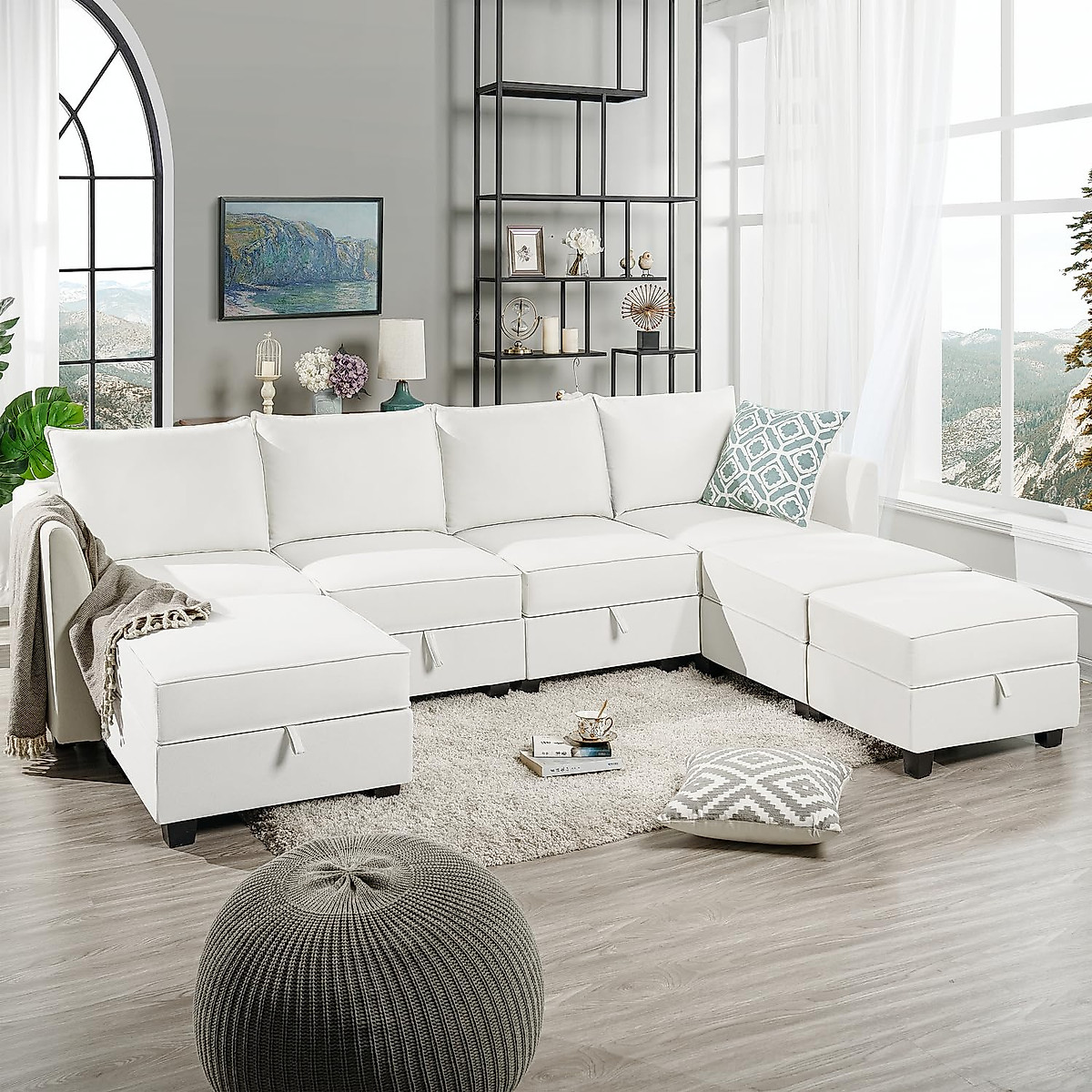 Naomi Home Elizabeth Modular Sectional Sofa Linen U Shaped Couch with Ottomans Convertible Sectional Couch 7-Seater Sofa with Storage Seat, L- Shaped Sectional Sofa - White Down