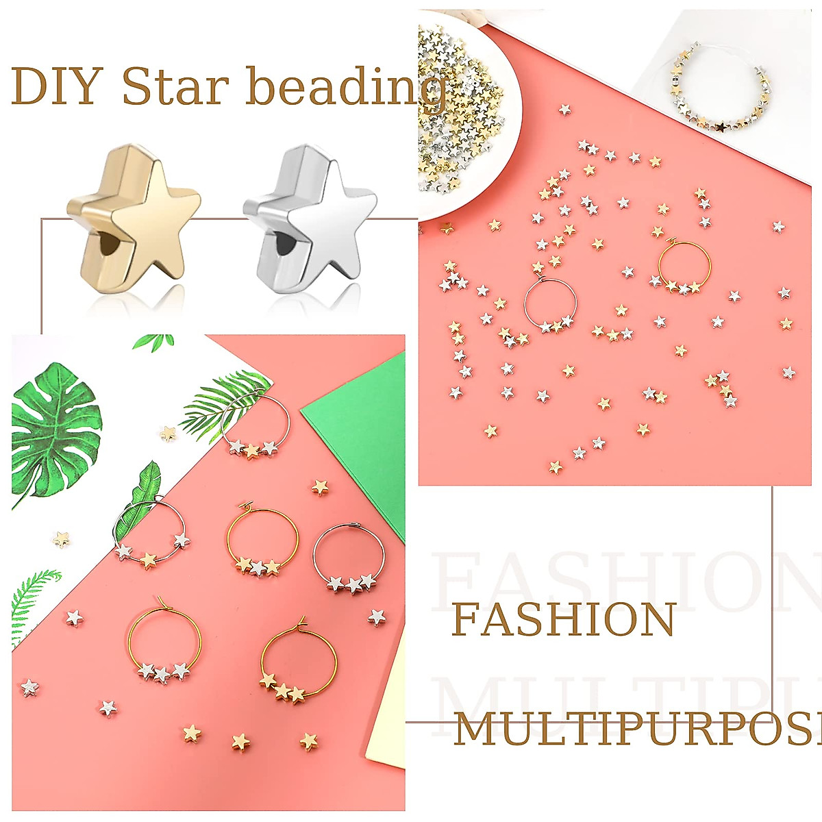 400 Pcs Star Shape Spacer Beads Star Buttons for Crafts Large Hole Star Loose Beads Star Spacer Beads Jewelry Charm Loose Beads for DIY Bracelet Necklace Jewelry Crafts Making (Gold, Silver)